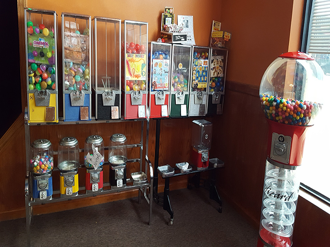 Gumball machines standing sentinel by the exit&mdash;a final temptation for the young and young-at-heart. Dinner and a prize!