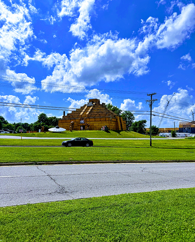 Under brilliant blue skies, The Lost Temple stands as a golden monument to roadside America's enduring love affair with delightfully misplaced architecture.