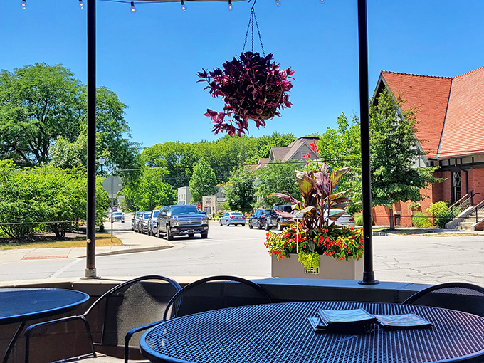 The patio view offers a slice of small-town Indiana life with your meal. Hanging plants and sunshine make everything taste better&mdash;scientific fact.