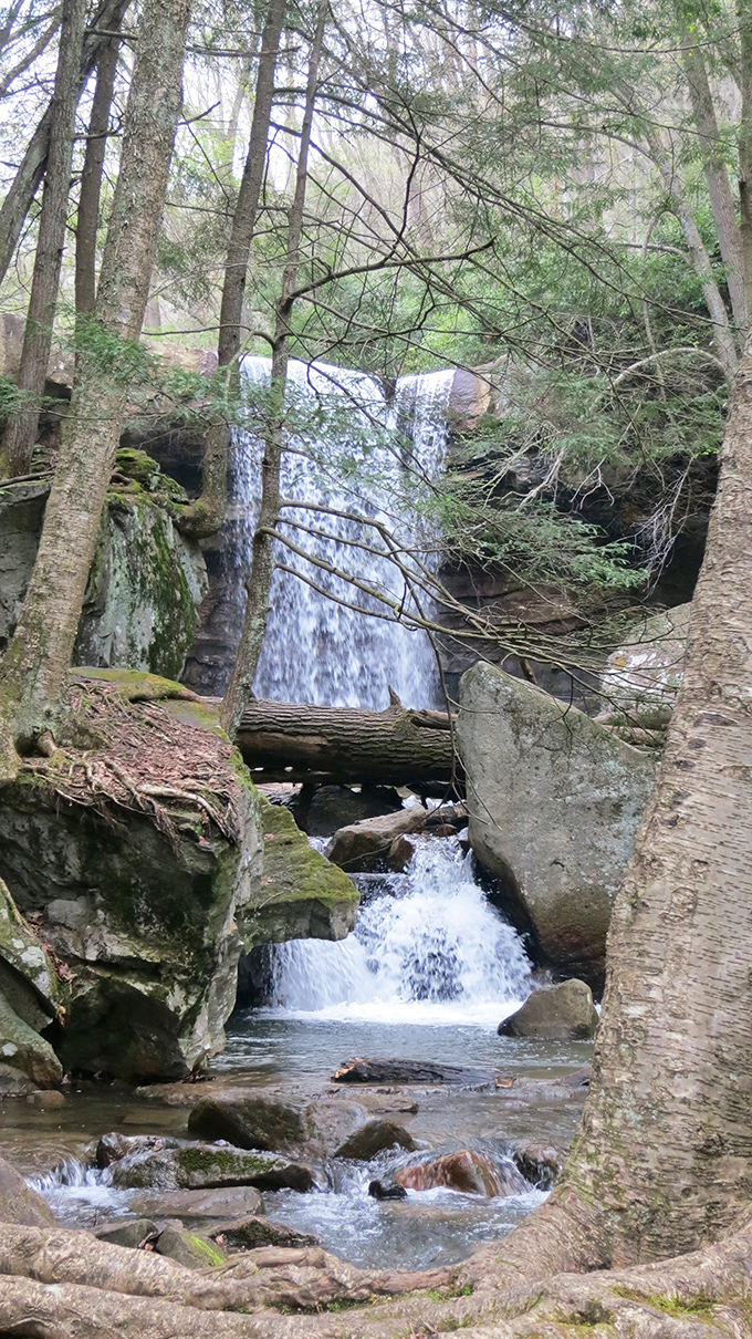 A different perspective reveals the falls' true character. The water dances between ancient stones on its journey downstream.