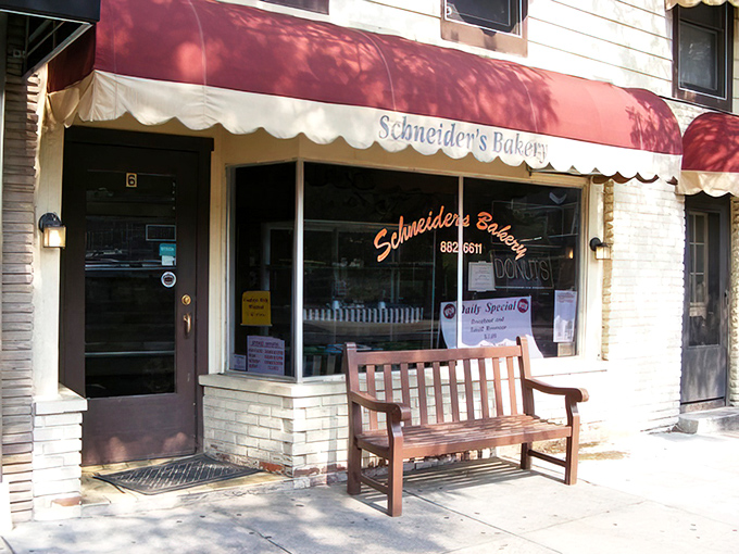 The perfect spot to contemplate life's big questions, like "Should I get a dozen or two dozen?" while resting your feet on Schneider's welcoming bench.