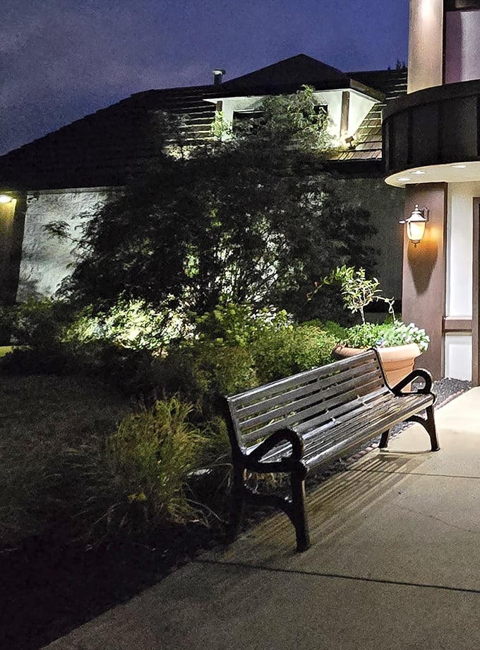 A quiet bench outside for post-meal contemplation. "Did I really need that second slice of pie?" (The answer is always yes.)