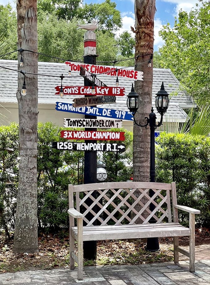 A sign that boasts "3X World Champion"&mdash;because when you've mastered chowder to this degree, you deserve to display your trophies where everyone can see them.