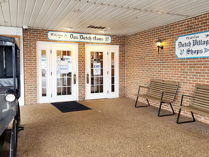 A welcoming entrance with benches, perfect for building anticipation before your pie-filled adventure begins inside.