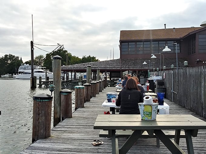 Waterfront dining doesn't get more authentic than this&mdash;wooden picnic tables perched on a dock where your meal practically waves to the water it came from.