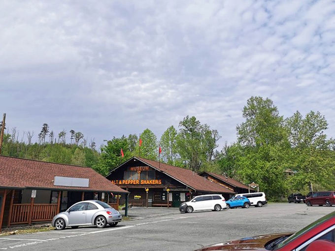 The spacious parking lot welcomes visitors from across the country. Cars from multiple states prove the universal appeal of tiny seasoning containers.