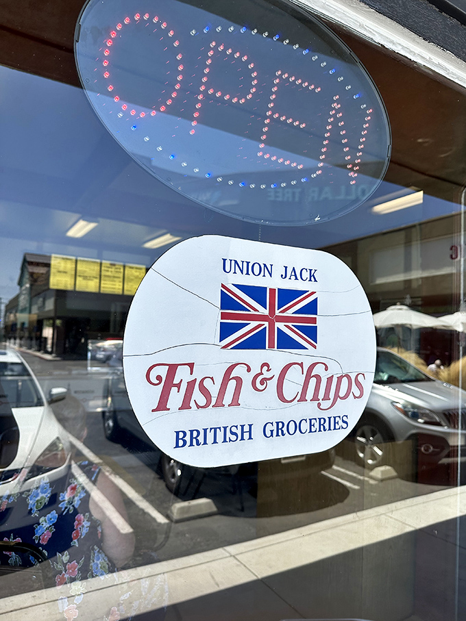 The window sign promises British delights beyond fish and chips. Like finding a TARDIS in California, it's bigger on the inside with culinary adventures.