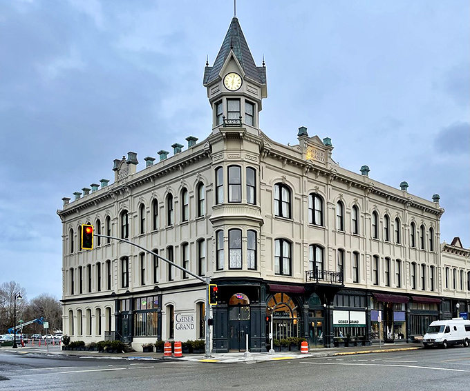 The majestic Geiser Grand Hotel stands as McMinnville's crown jewel, its windows reflecting over a century of stories.