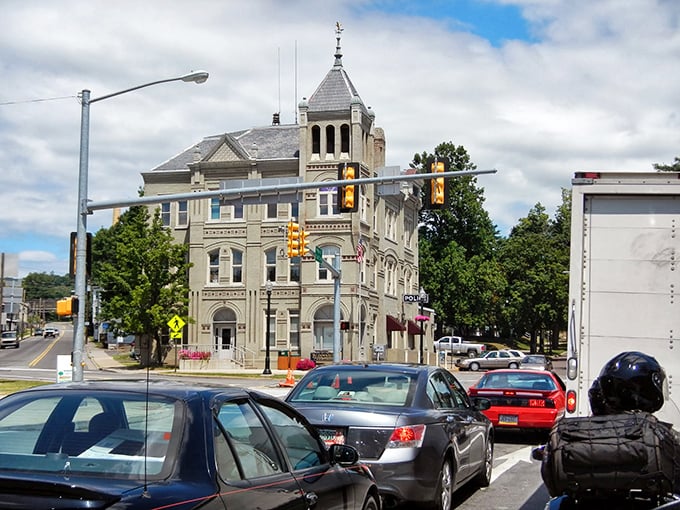Bloomsburg's historic buildings stand proudly, their architectural details preserved through changing seasons.