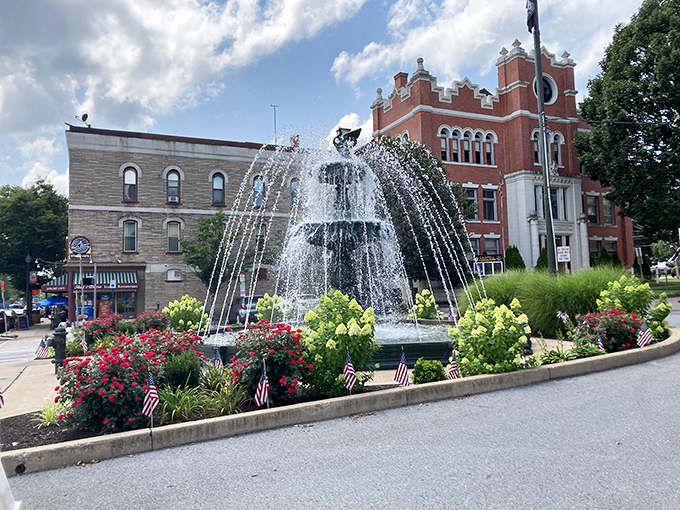 Bloomsburg's fountain sparkles while historic buildings provide the perfect backdrop for small-town American charm.
