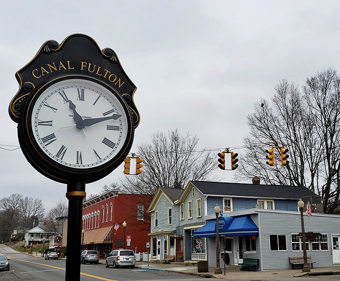 This classic town clock stands as Canal Fulton's crown jewel, watching over a city where history meets modern retirement living.