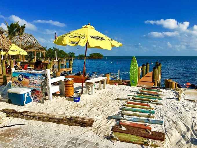 Beachside dining in the Keys means colorful umbrellas, cold drinks, and the kind of relaxation that resets your internal clock.