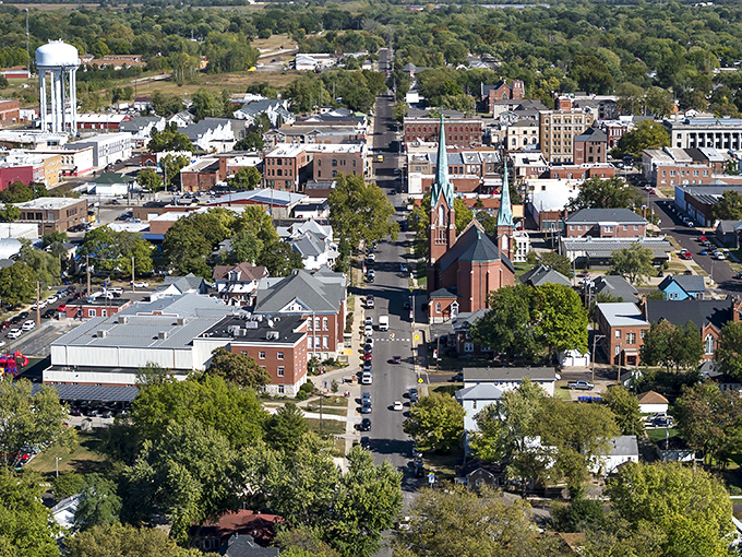 From above, Sedalia reveals itself as a perfectly balanced composition of history, community, and that water tower everyone uses for directions.