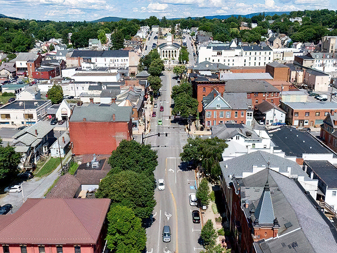From above, Bellefonte reveals its perfect small-town layout. The courthouse stands sentinel at center, surrounded by streets that actually make sense.