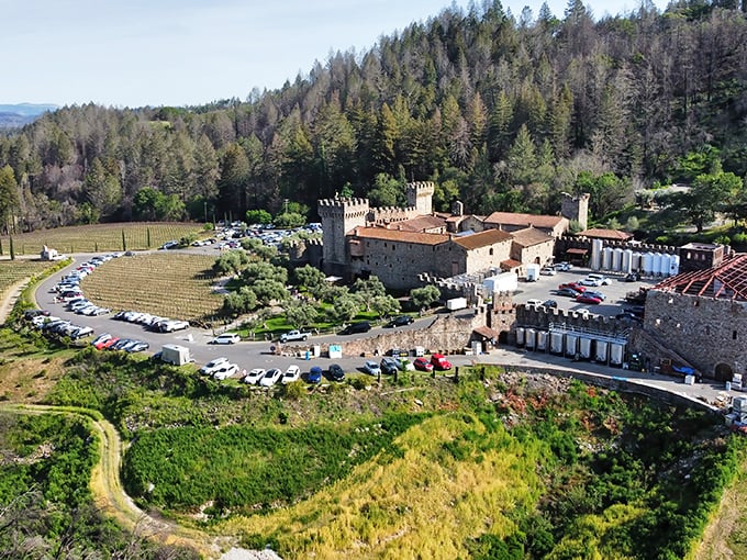 From above, the castle's impressive scale becomes clear, with parking lots replacing moats as the modern defensive perimeter against marauding tour buses.