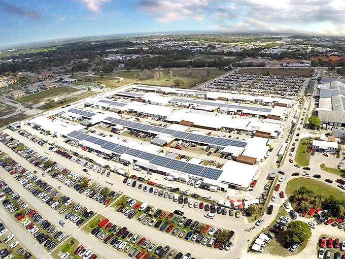 Bargain city from above! This aerial view reveals the magnificent scale of Fleamasters, where thousands come to hunt for treasure weekly.