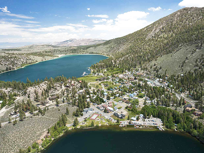 Bird's eye bliss: June Lake nestled between mountains and water, looking like Mother Nature's version of a perfect hug.