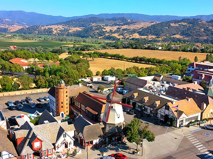 From above, Solvang looks like someone sprinkled Danish village pieces across California's wine country. Those red roofs are beacons calling to pastry pilgrims everywhere.