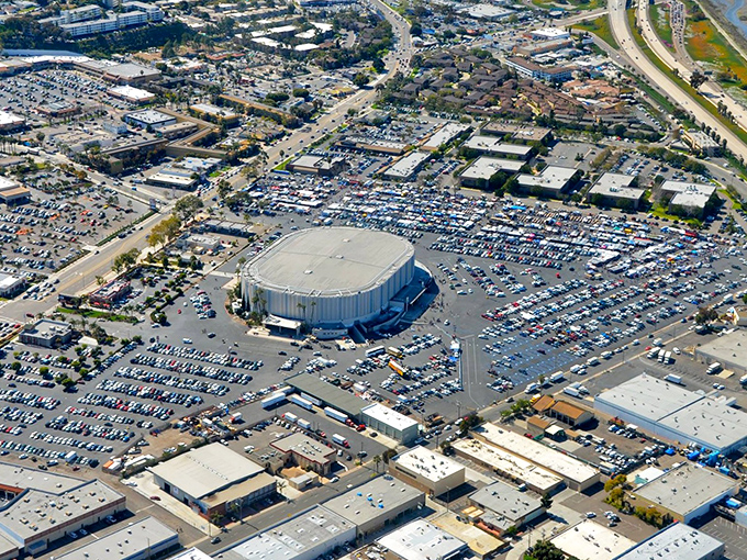 From above, the true scale of this bargain metropolis becomes clear &ndash; a small city of commerce rising from asphalt every weekend.