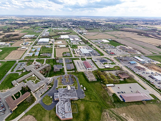 From above, Viroqua reveals its perfect balance of town and country, a human-scaled community surrounded by the checkerboard beauty of family farms.