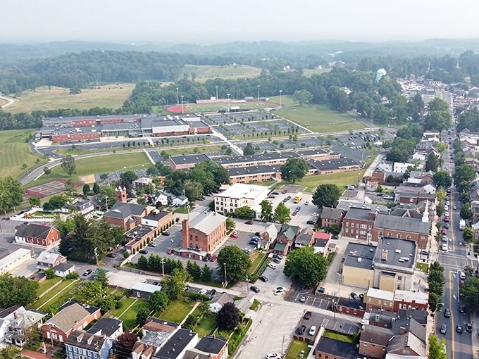 From above, Gettysburg reveals its perfect small-town layout where history and modern life intertwine like old dance partners.