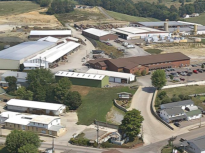 From above, Keim Lumber's sprawling complex reveals its surprising scale. What looks like a simple country store is actually a woodworker's paradise.