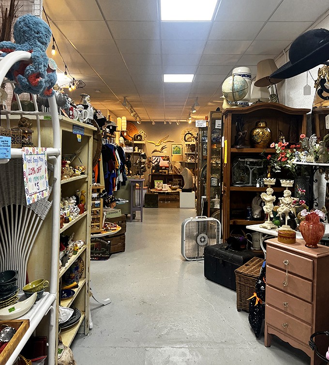 This corridor of curiosities stretches into the distance like a portal to simpler times. That box fan isn't just cooling the air&mdash;it's circulating nostalgia.