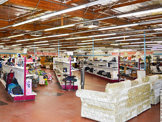 A bird's-eye view of the thrift store landscape reveals islands of furniture, clothing, and housewares&mdash;a treasure map where X marks every spot.