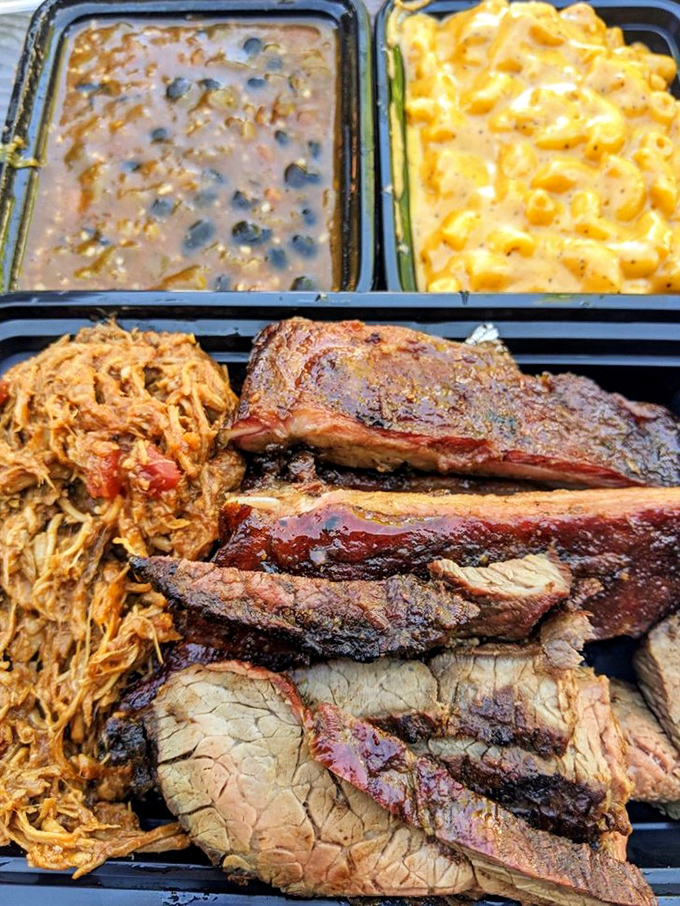 The barbecue sampler that makes choosing unnecessary. Green chili, mac and cheese, pulled pork, and sliced beef&mdash;it's the "yes, and" of barbecue plates.