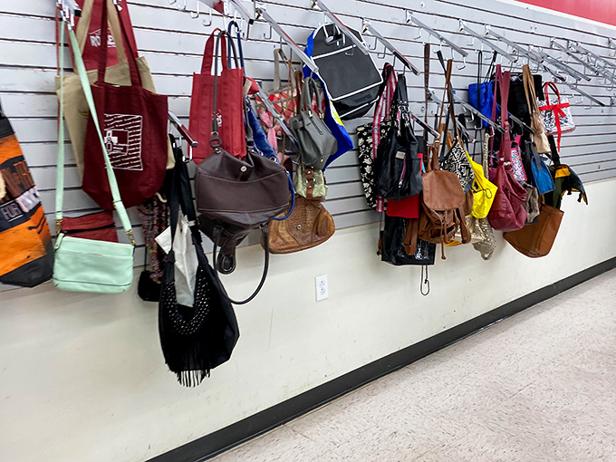 Handbag heaven for accessory enthusiasts. That perfect leather tote or vintage clutch might be hiding among this suspended collection.