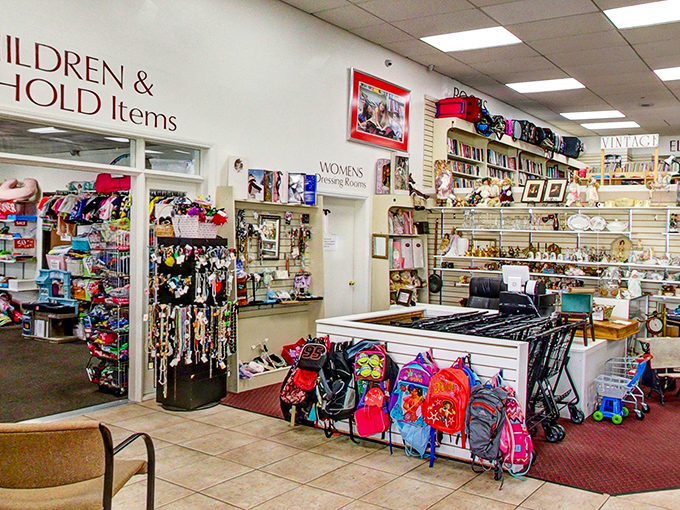 The children's corner offers everything from backpacks to baby gear, proving that kids' stuff doesn't have to cost a fortune when they'll outgrow it in three months anyway.