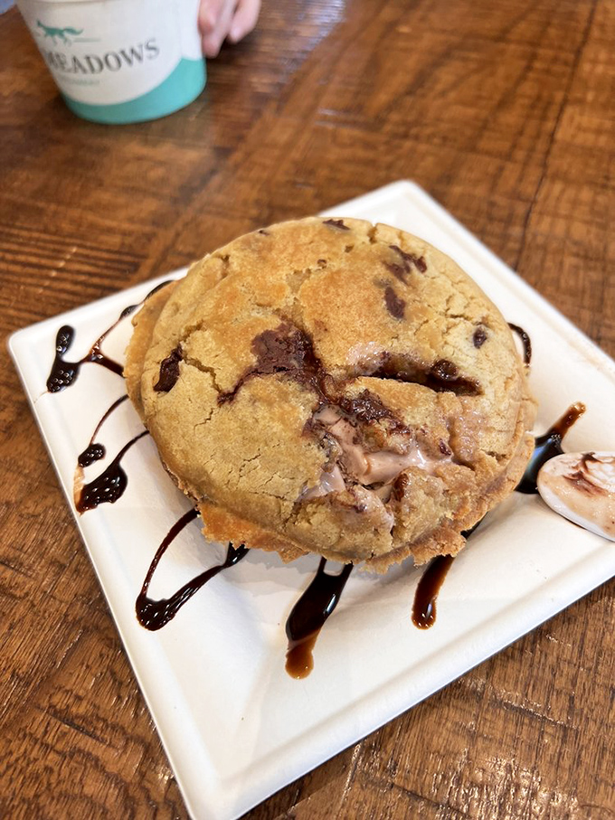 This cookie ice cream sandwich drizzled with chocolate sauce isn't just dessert—it's what happiness would look like if it took physical form.