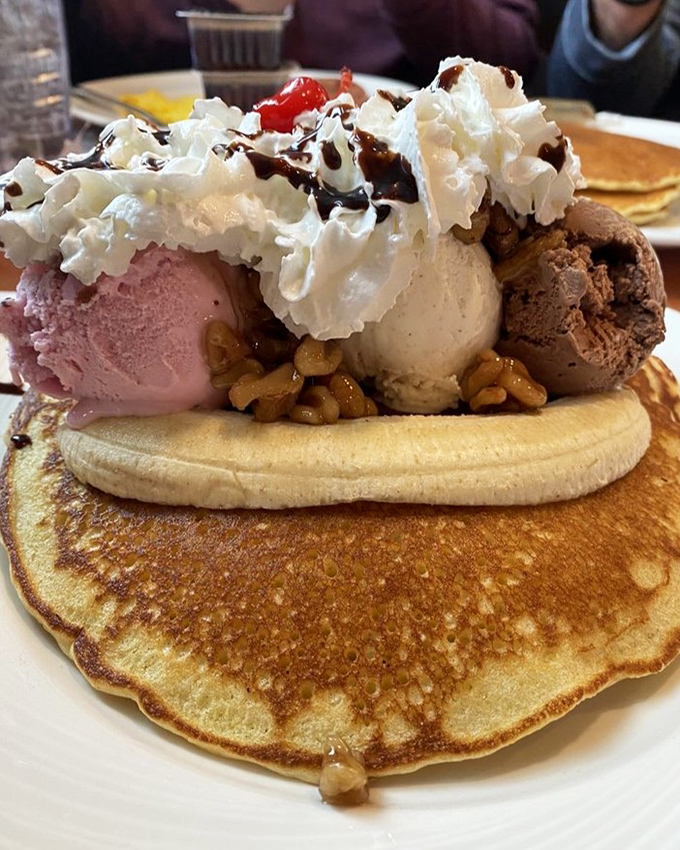 The banana split pancake isn't just dessert pretending to be breakfast&mdash;it's breakfast that graduated with honors from dessert university, complete with ice cream diploma.