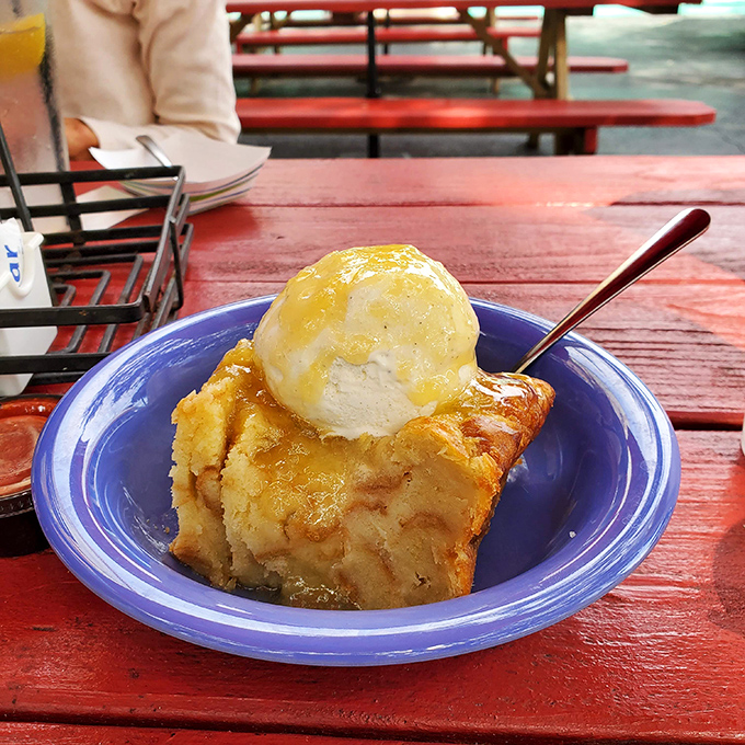Warm banana pudding topped with vanilla ice cream. Because after a seafood feast, a sweet Southern ending is practically mandatory.
