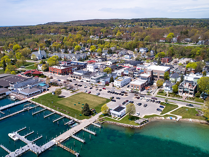 From above, Harbor Springs reveals its perfect positioning&mdash;nestled between emerald hills and crystal waters like nature's version of the perfect sandwich.