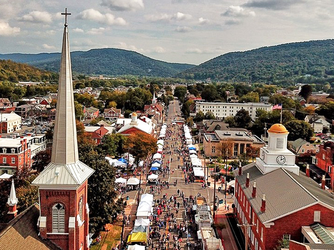 Bedford unfolds below like a perfectly planned neighborhood where every street tells its own unique American story.