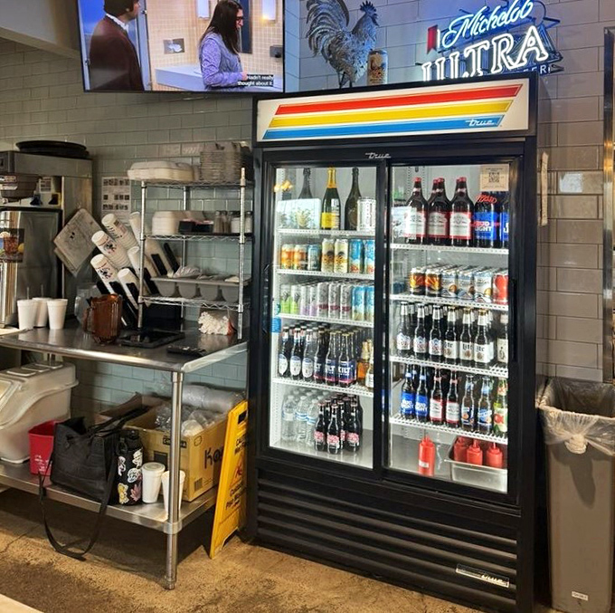 The beverage cooler—unsung hero of any great chicken joint—standing ready to extinguish the pleasant fire of perfectly spiced fried chicken.