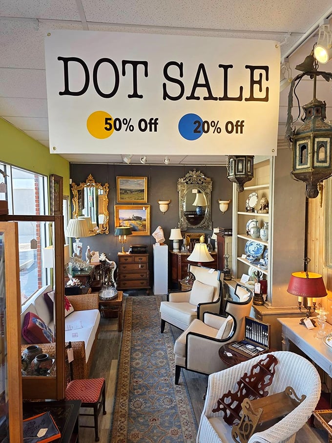 The famous "dot sale"&mdash;where colored stickers determine your savings fate. That blue dot might just be the difference between browsing and buying. 