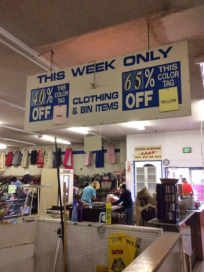 The color-coded tag system: a secret language for seasoned thrifters who know yellow means "jackpot" this week.