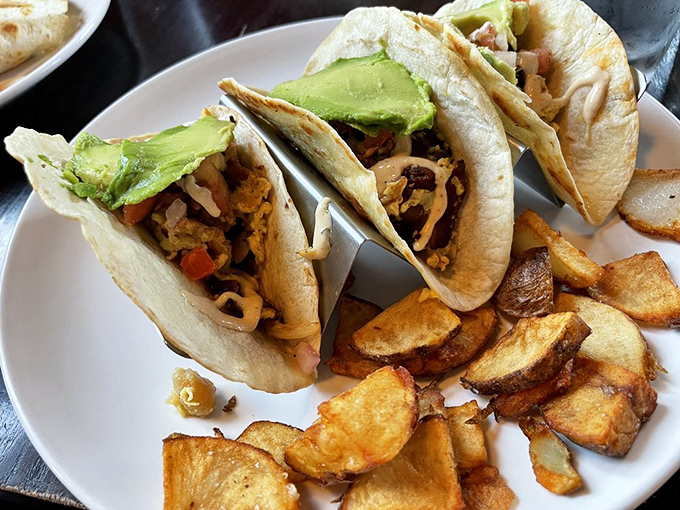 Breakfast tacos that make waking up worthwhile. Fresh ingredients nestled in warm tortillas, with perfectly crisp potatoes standing guard.