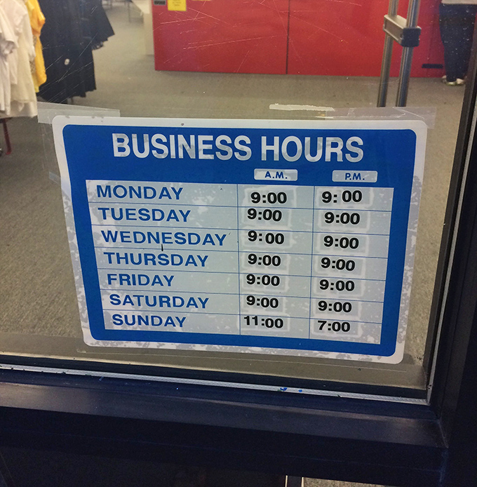 These business hours are the secret code for serious thrifters. Sunday at 11am? That's prime hunting time for weekend treasures. 