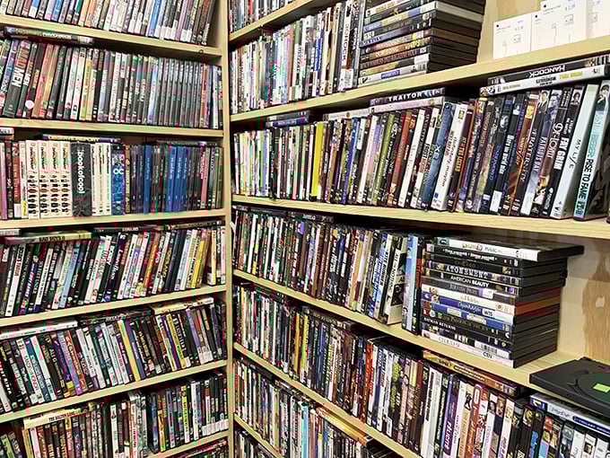 For movie buffs, this corner offers a physical Netflix of sorts—thousands of titles waiting to be rediscovered in the streaming age.