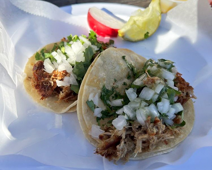 These street tacos don't need fancy presentation—just handmade tortillas, perfectly prepared meat, and the essential trinity of onion, cilantro, and lime.