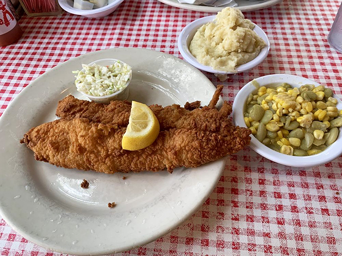 Catfish fried to golden perfection with sides that don't know the meaning of "afterthought." That coleslaw adds just the right tang.