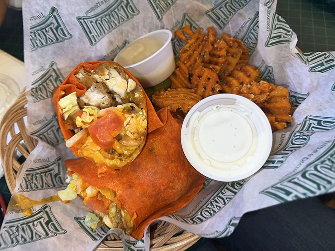 A wrap that's bursting at the seams with promise, paired with pretzels that have clearly overachieved in the best possible way.