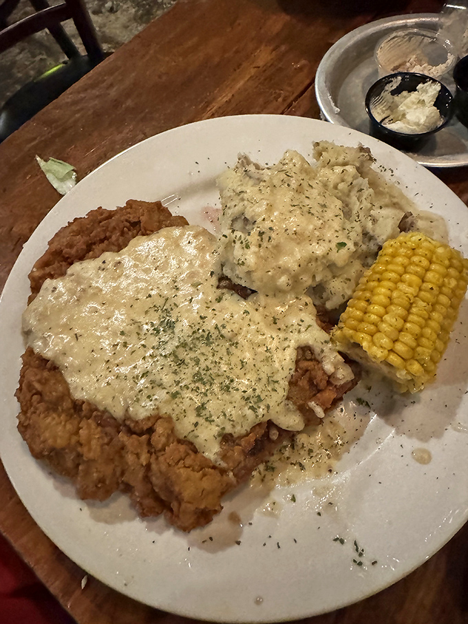 Chicken fried steak drowning in gravy&mdash;comfort food that makes your grandmother's cooking seem almost restrained.