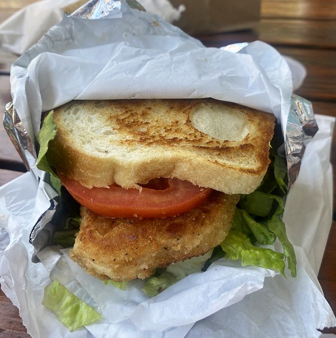 A sandwich that refuses to be ordinary. Crispy coating, fresh veggies, and bread toasted just enough to provide structural integrity without sacrificing softness. 