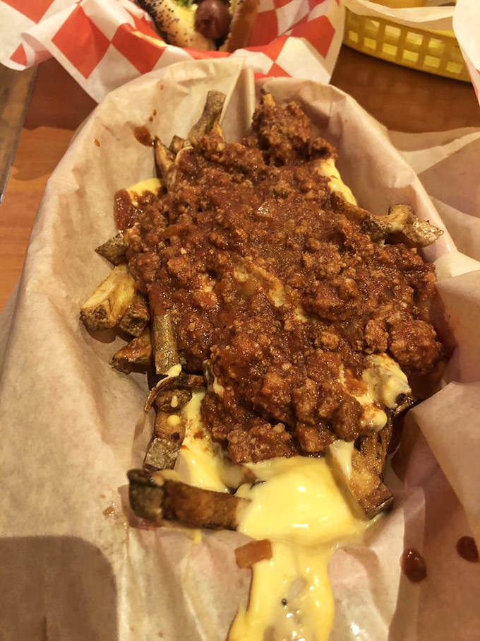 Chili cheese fries that understand comfort food isn't just sustenance, it's edible happiness on a plate.