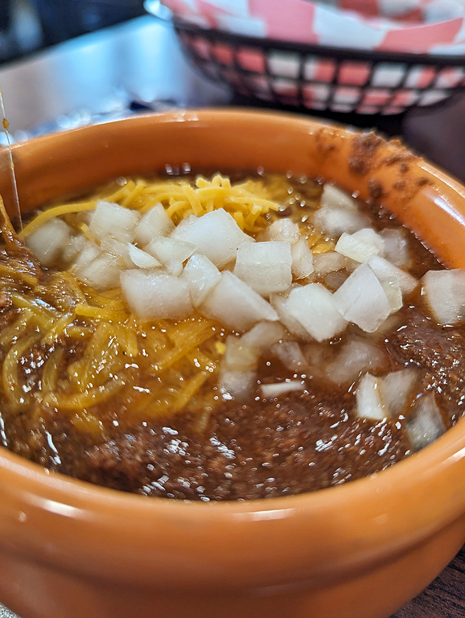 The legendary chili &ndash; rich, complex, and topped with the perfect amount of cheese and onions. This bowl is worth the drive alone.