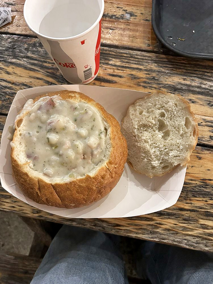 The ultimate comfort food: clam chowder in a sourdough bread bowl. Like a warm hug from the Pacific Ocean itself, spoon required.